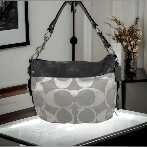Coach | Bags | Coach Gray Signature Canvas Patent Leather Jacquard ...